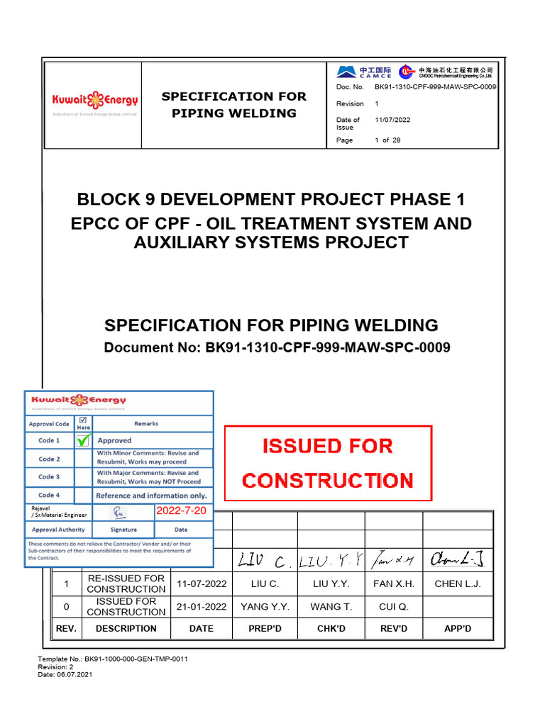 BK91-1310-CPF-999-MAW-SPC-0009 - 1 - Specification For Piping Welding - C1 | PDF | Welding ...