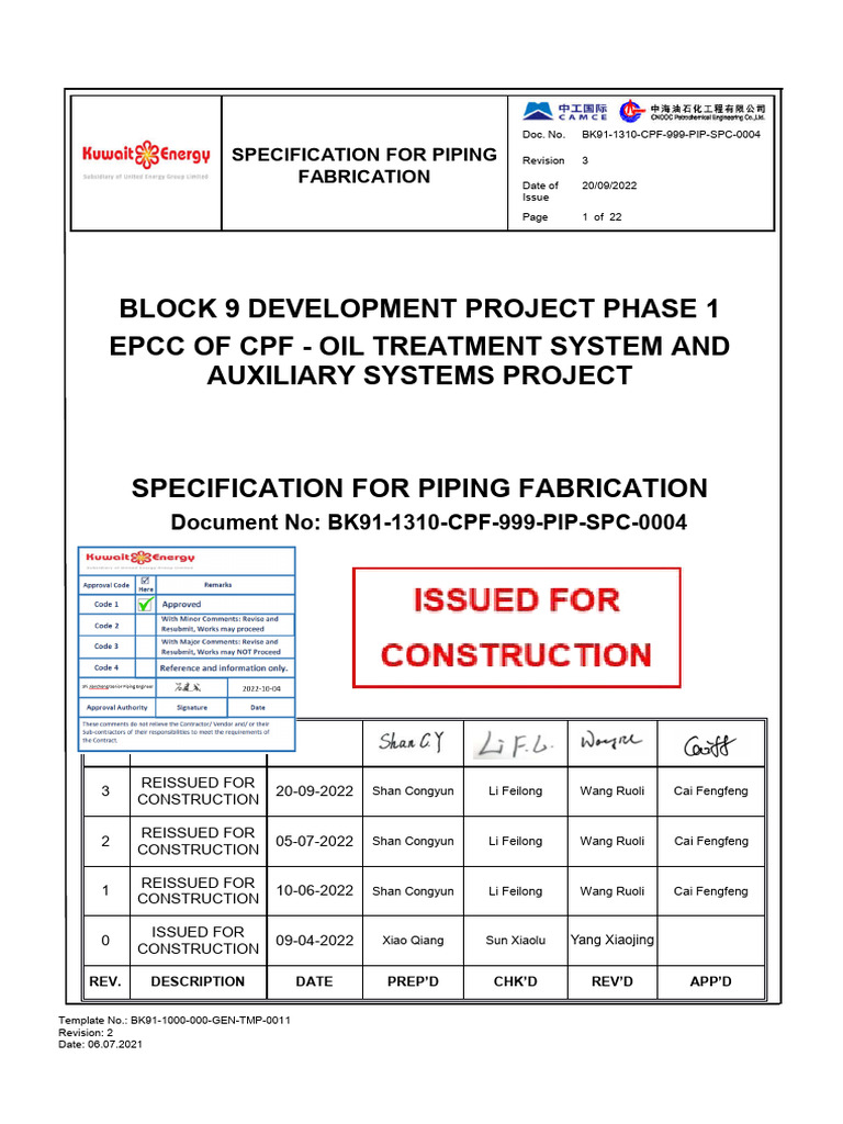 Piping Fabrication Specification for Block 9 | PDF | Pipe (Fluid ...