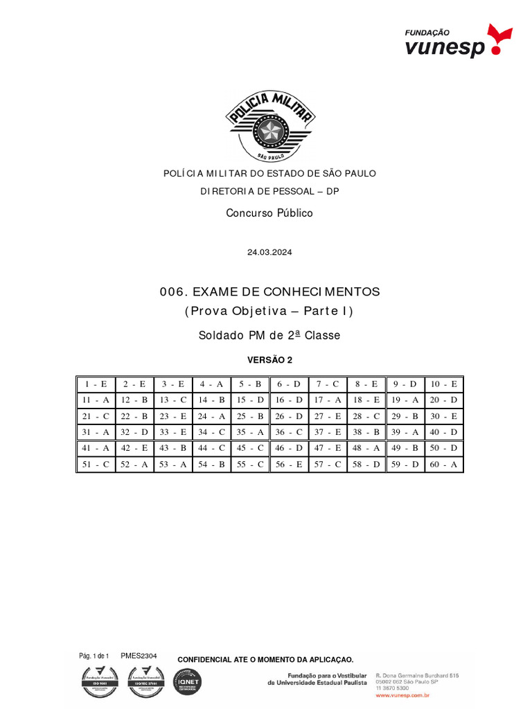 Prova Objetiva Soldado PM SP 2024 | PDF