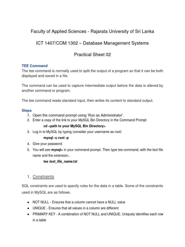 Practical Sheet 02 | PDF | Table (Database) | Sql Practical Sheet 02 | PDF | Table (Database) | Sql