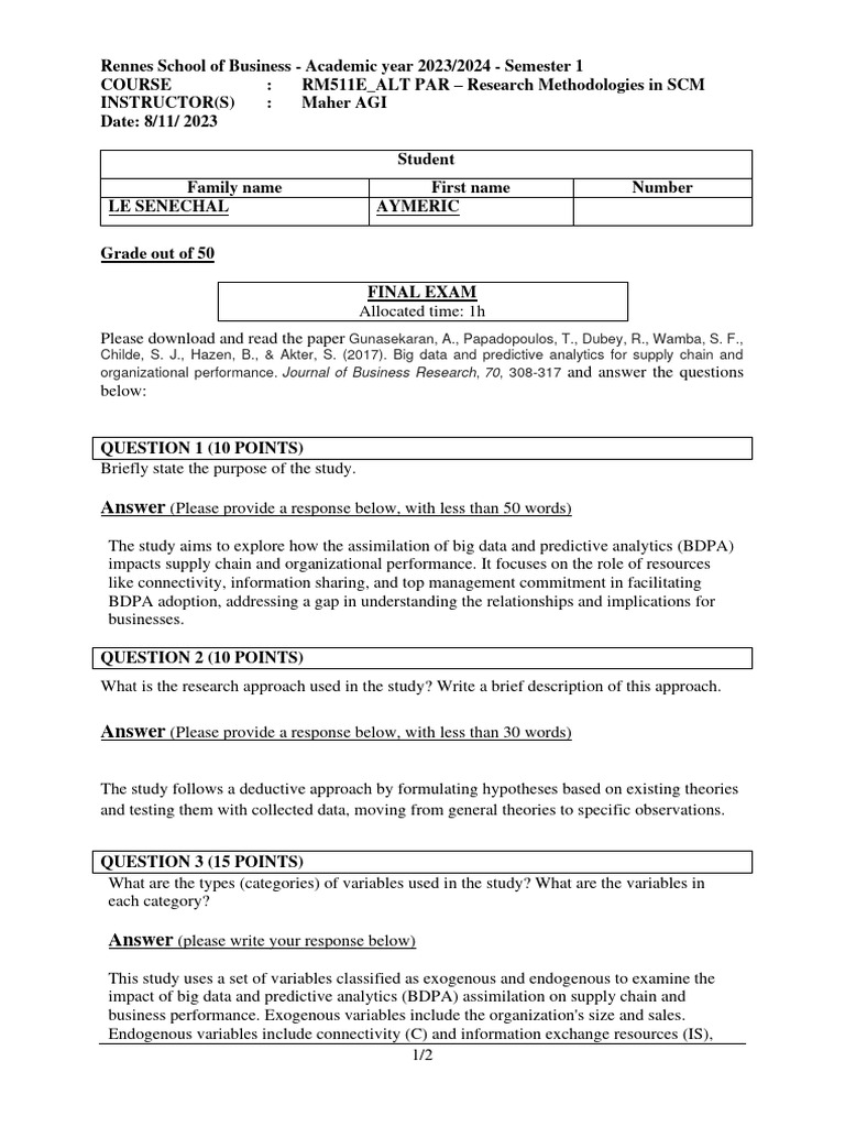 RSCH Methods - 511 Paris - Exam Paper | PDF | Supply Chain | Analytics RSCH Methods - 511 Paris - Exam Paper | PDF | Supply Chain | Analytics
