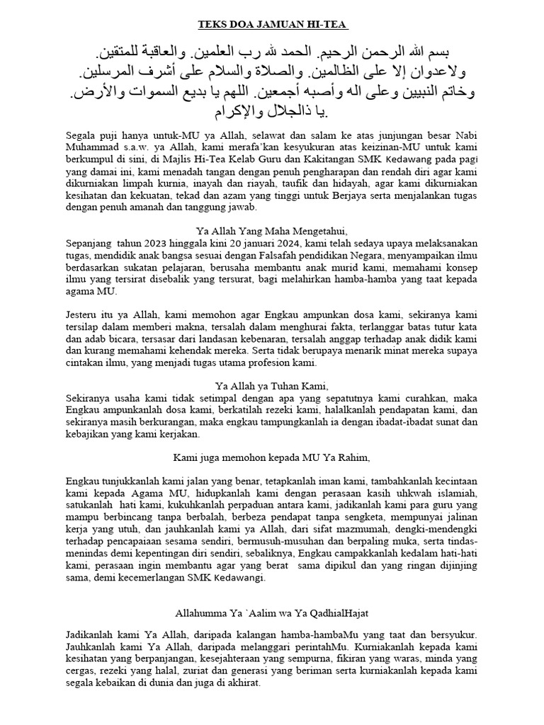 Doa Majlis Hi-Tea SMK Kedawang | PDF