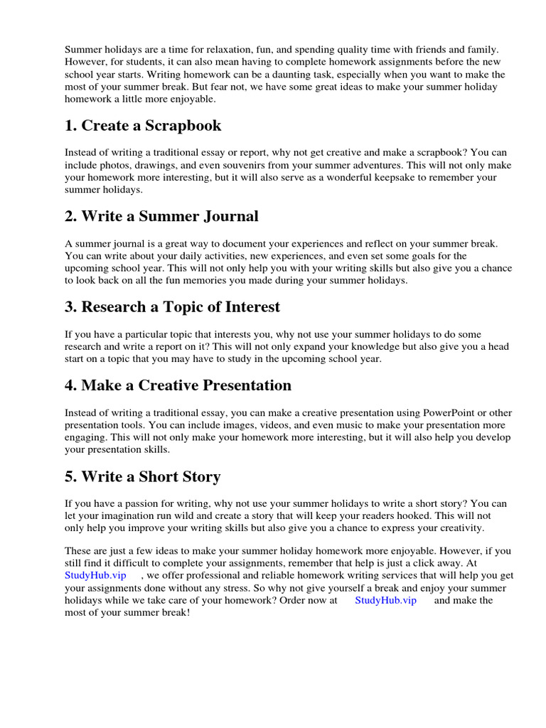 Summer Holiday Homework Ideas | PDF | Homework | Preschool