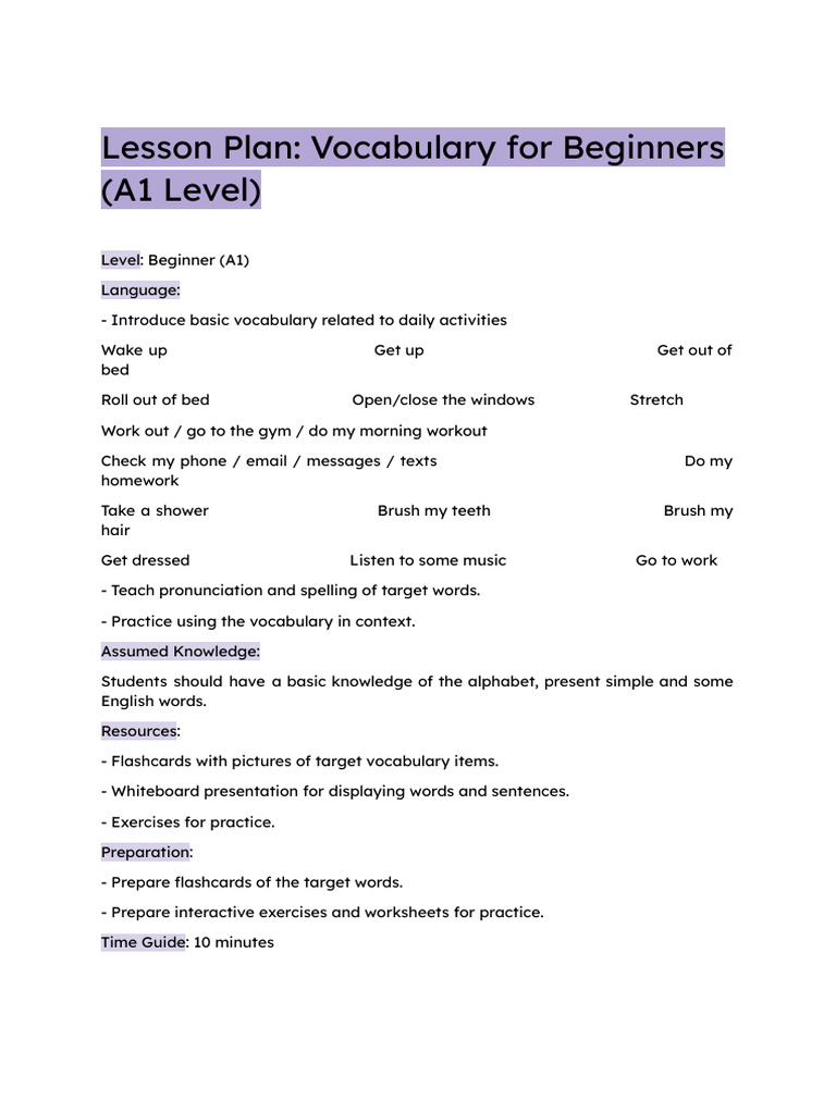 Beginner Vocabulary Lesson Plan | PDF | Vocabulary | Flashcard