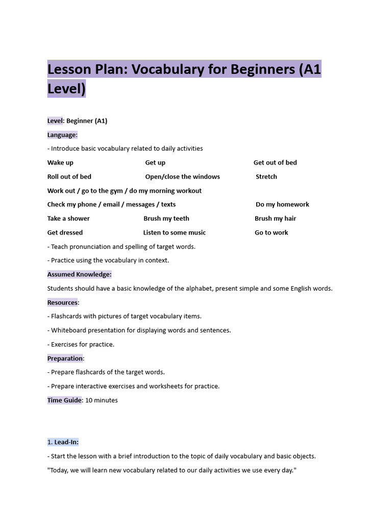 Lesson Plan Vocabulary For Beginners (A1 Level) | PDF | Vocabulary | Quiz