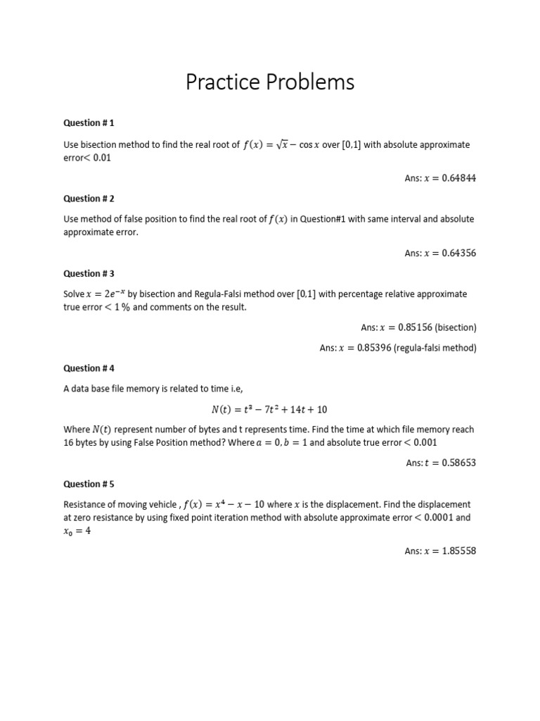 Practice Problems Related To Root Finding Methods With Answers Download Free Pdf Numbers 