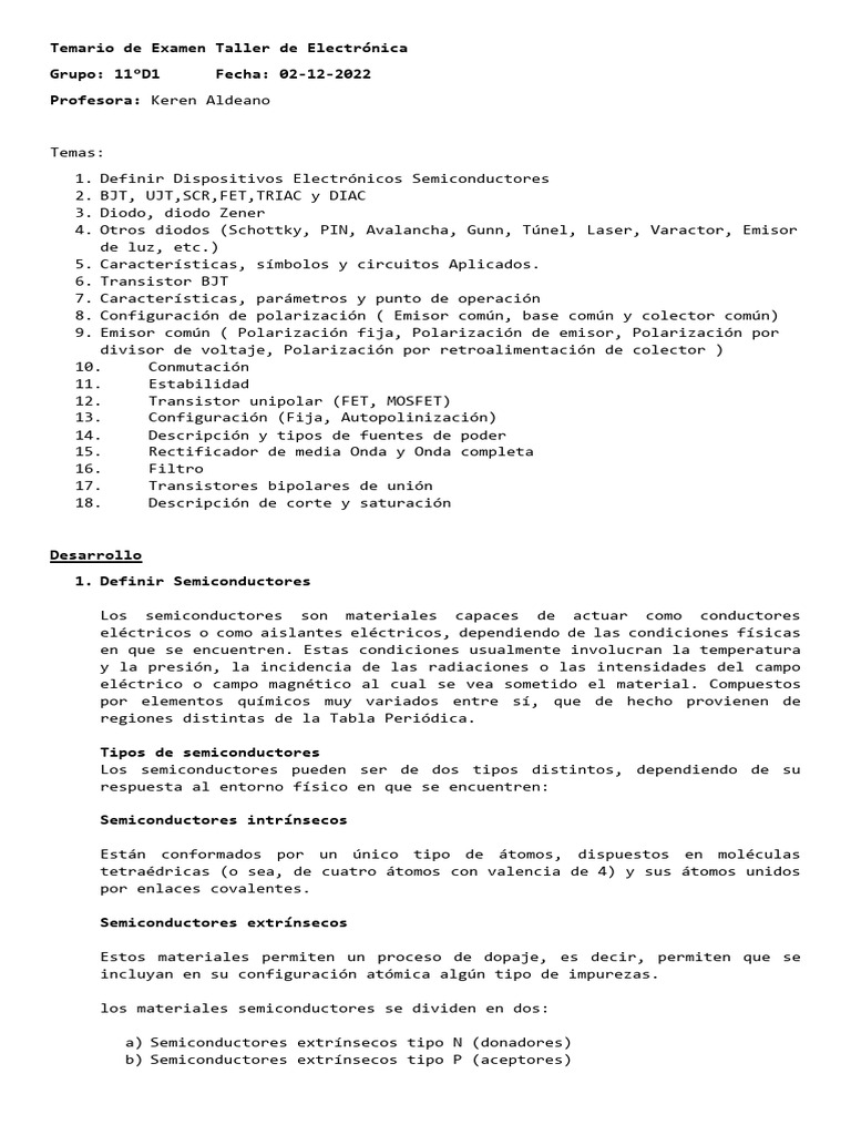 Temario Taller de Eléctronica Módulo 2 | PDF | Semiconductores | Transistor