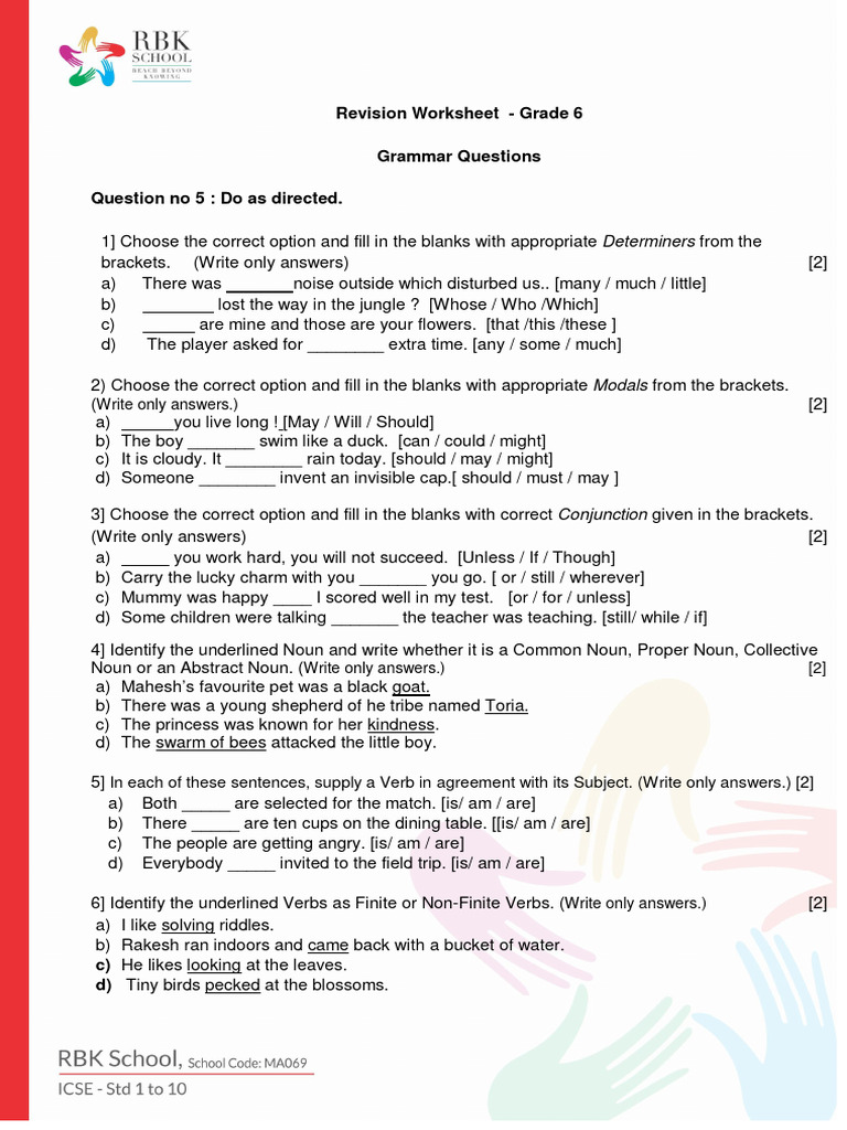 Grade 6 Grammar Revision Worksheet | PDF