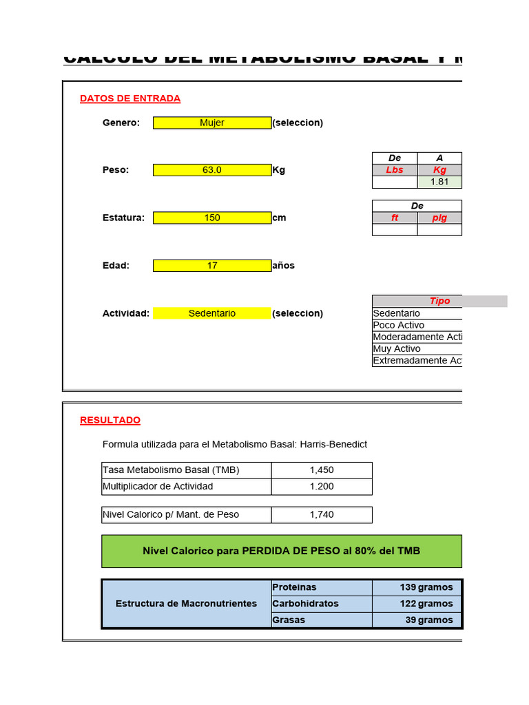 Calculo Del Metabolismo Basal y Macros-Msc Giomar | PDF