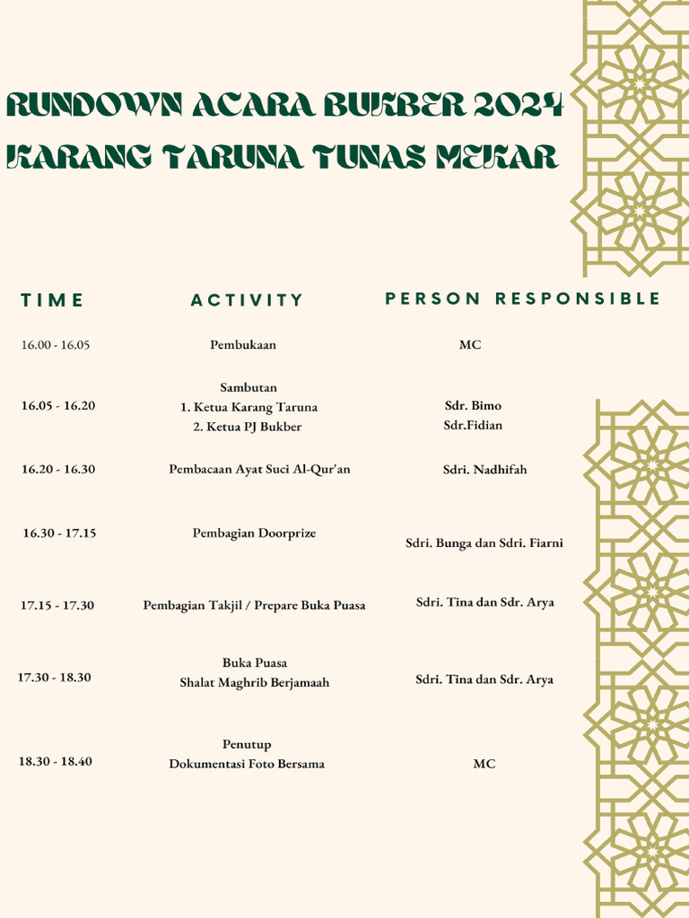 Rundown Acara Bukber 2024 Tunas Mekar | PDF