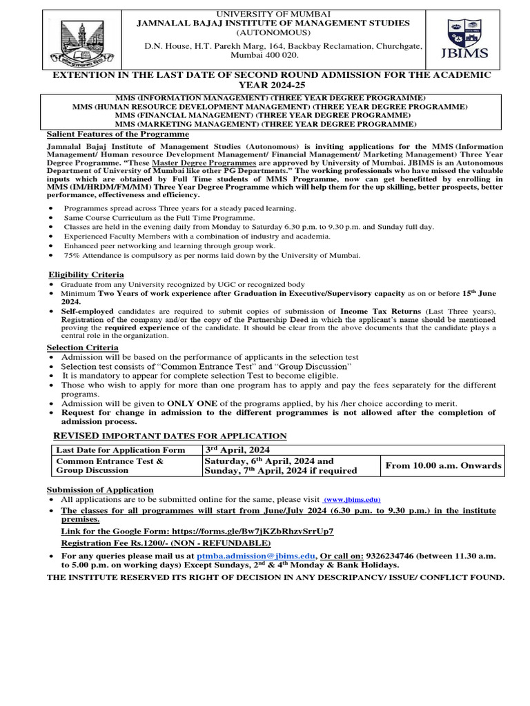 Revised Second Round - Brochure For Admission PTMBA 2024-25 | PDF