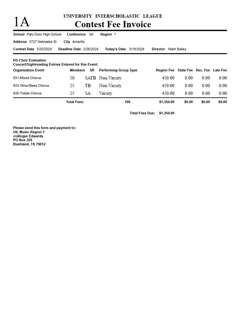 HS Choir Contest Fee Invoice | PDF
