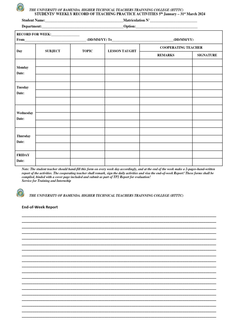 Weekly Teaching Practice Record Form | PDF