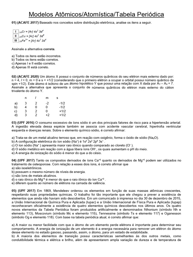 2 Exercicios Modelos Atomicos Atomistica e Tabela Periodica | Download ...