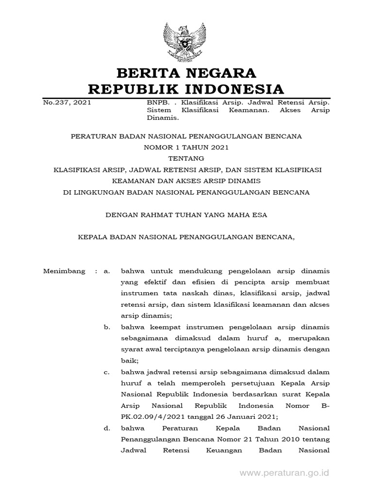 Peraturan BNPB Nomor 1 Tahun 2021 | PDF