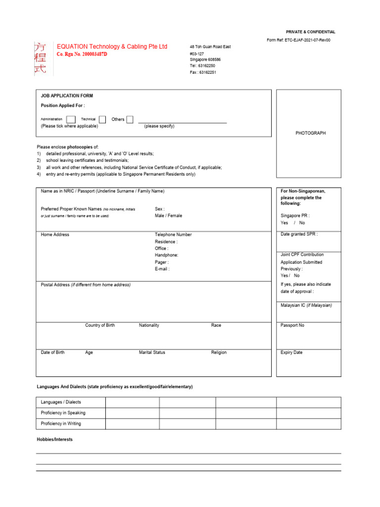 Job Application Form for ETC Pte Ltd | PDF