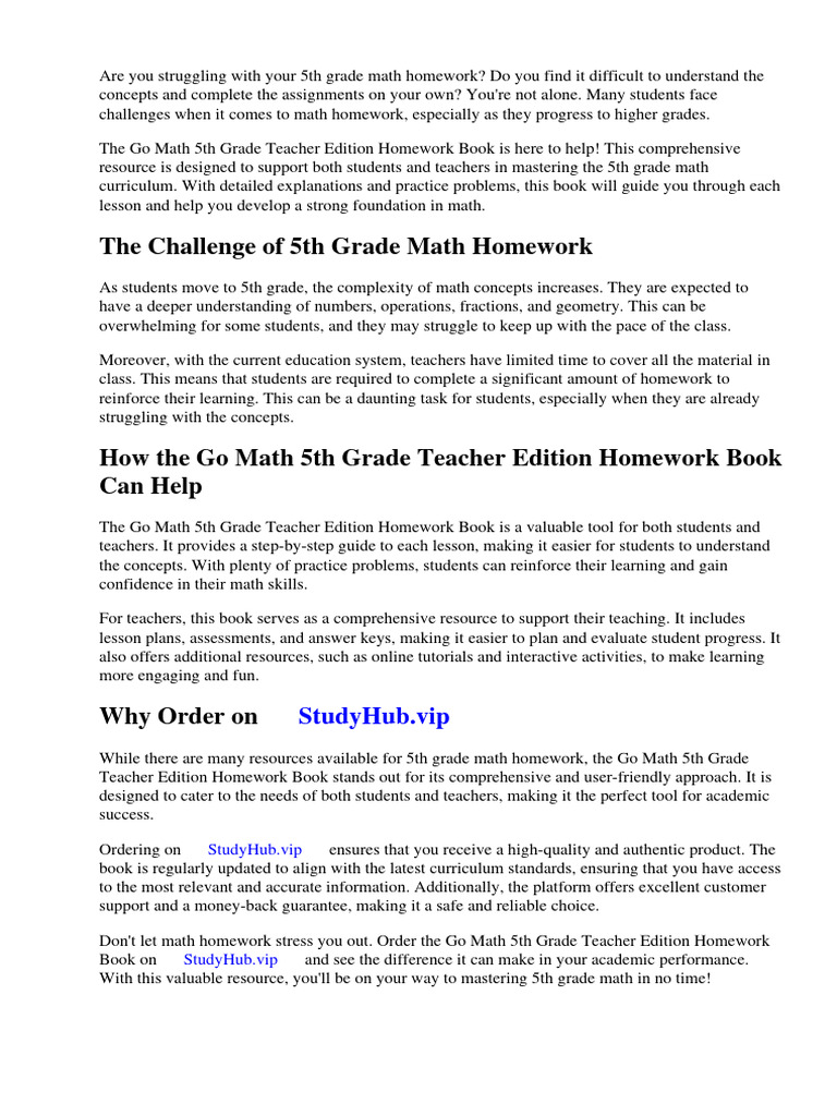 Go Math 5th Grade Teacher Edition Homework Book | PDF | Homework ...