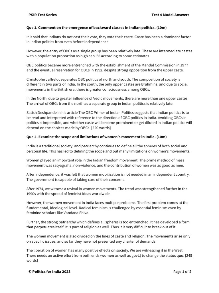 Test 4 Model Answers-1 | PDF | Feminism | Gender Studies