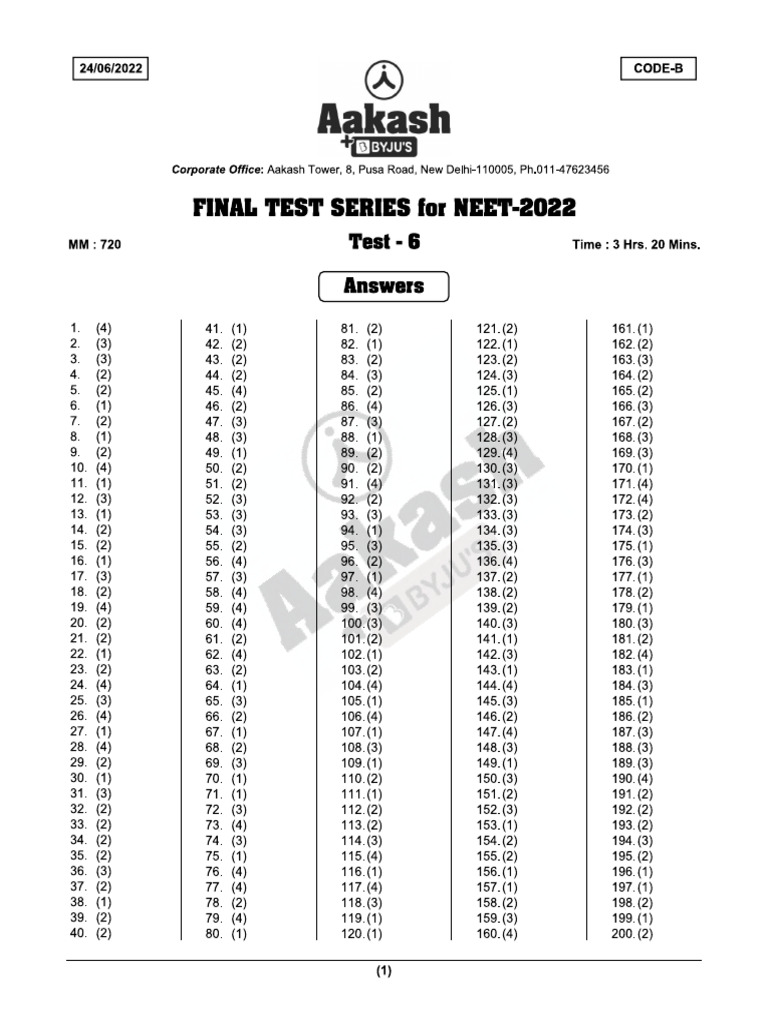 FTS-06 - (Code-B) - Answer Key - 24-06-2022 | PDF