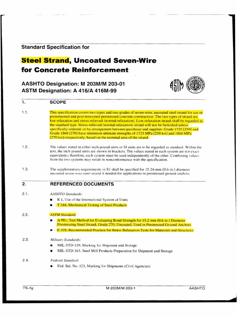 Steel Strand Specification for Concrete | PDF | Prestressed Concrete | Wire