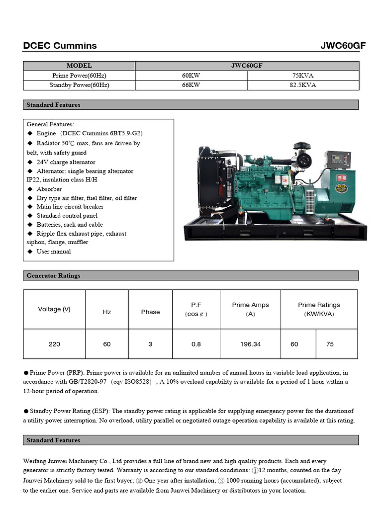 Specification of 60kw Cummins Generator-60Hz-220V | PDF | Electrical ...