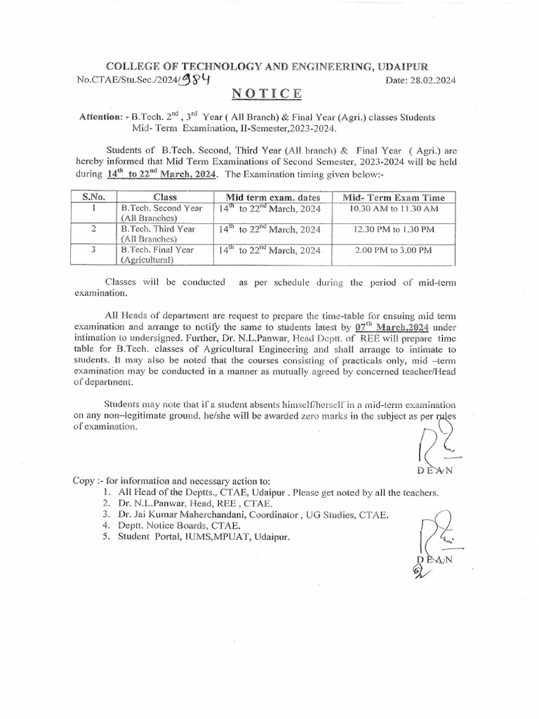 Notice For B.tech 2nd, 3rd Year & Final Year Classes Mid Term ...