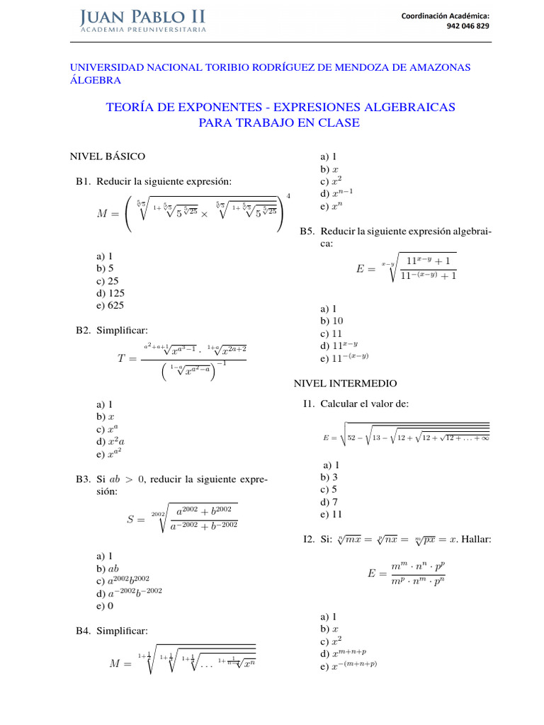 ALG-S01 - Teoría de Exponentes - Expresiones Algebraicas Clase | PDF