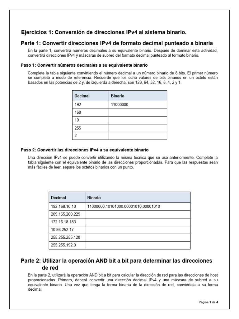 Ejercicios 1 Convertir Direcciones IPv4 A Binario | PDF | Dirección IP | Poco