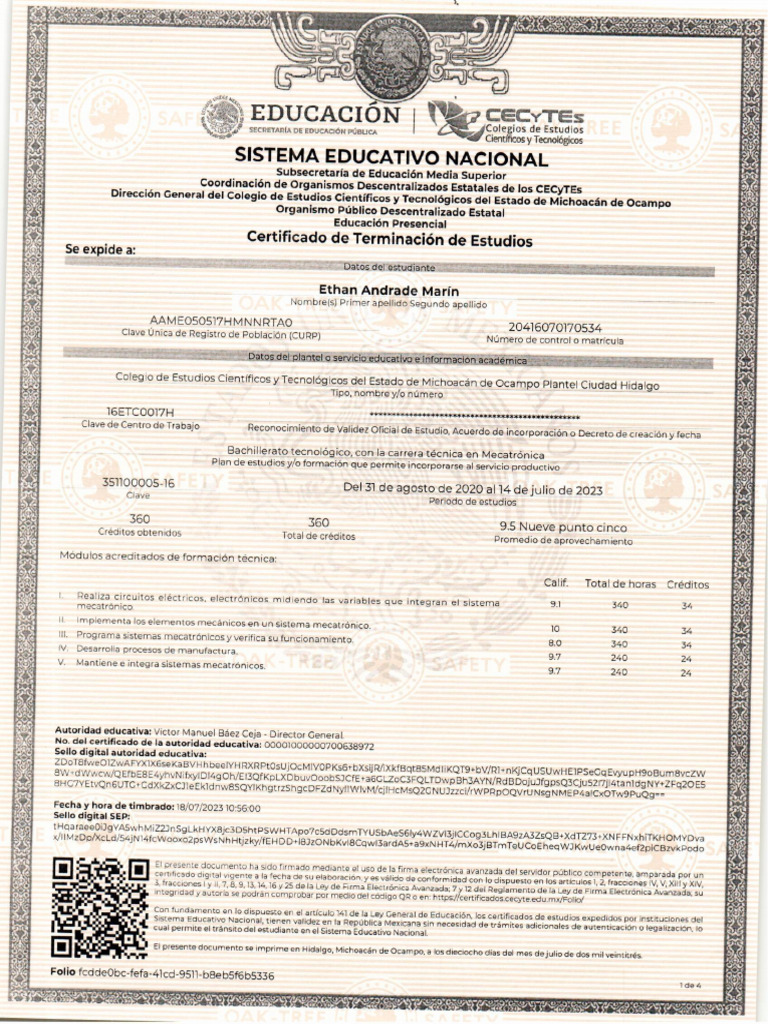 Certificado de Bachillerato - Andrade Marin Ethan | PDF