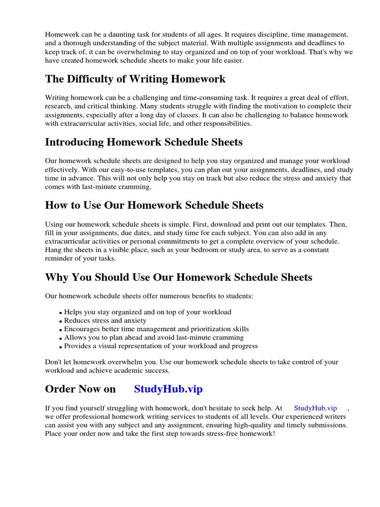 Homework Schedule Sheets | Download Free PDF | Homework | Time Management