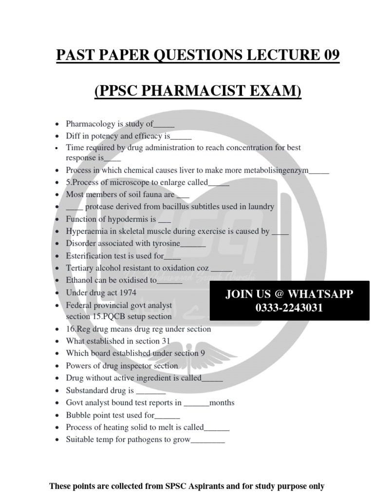 PPSC Pharmacist Exam Past Paper Questions | PDF | Science & Mathematics