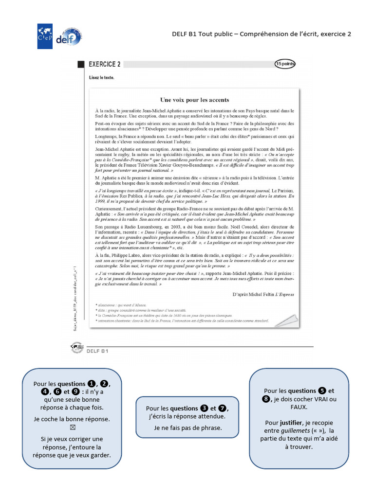 Compréhension écrite DELF B1 Exercice 2 | PDF | Arts du langage et ...
