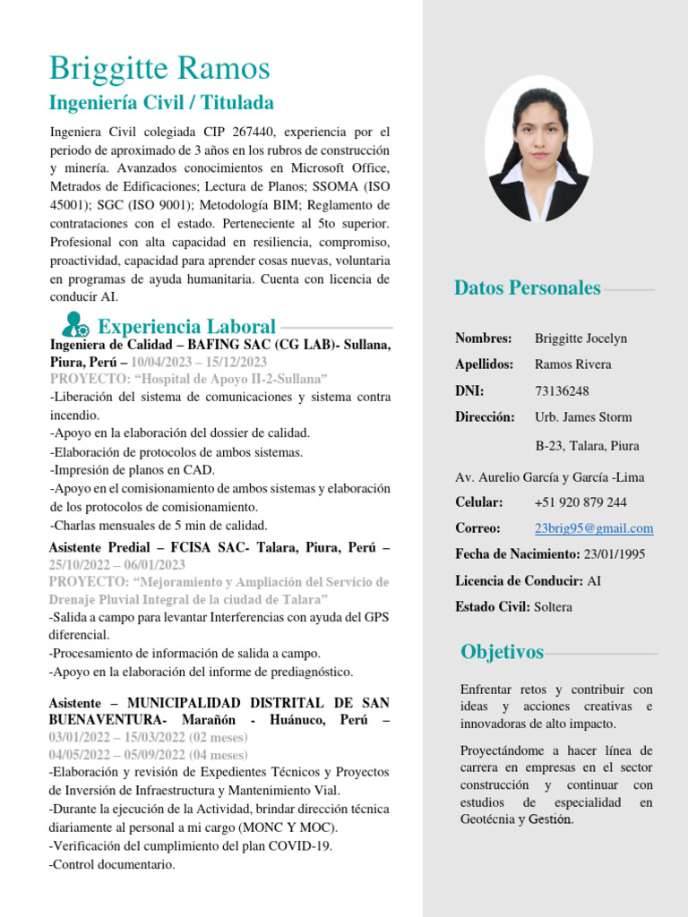 CV - Ing.civil BRR Documentado Talara Lima | PDF | Perú | Ingeniero civil