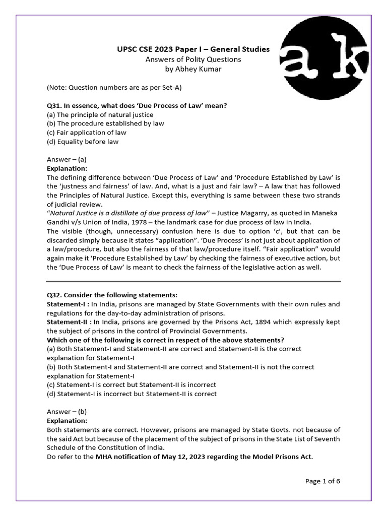 CSE 2023 - Polity Qs - Answers by Abhey Kumar | PDF | Legal Documents ...