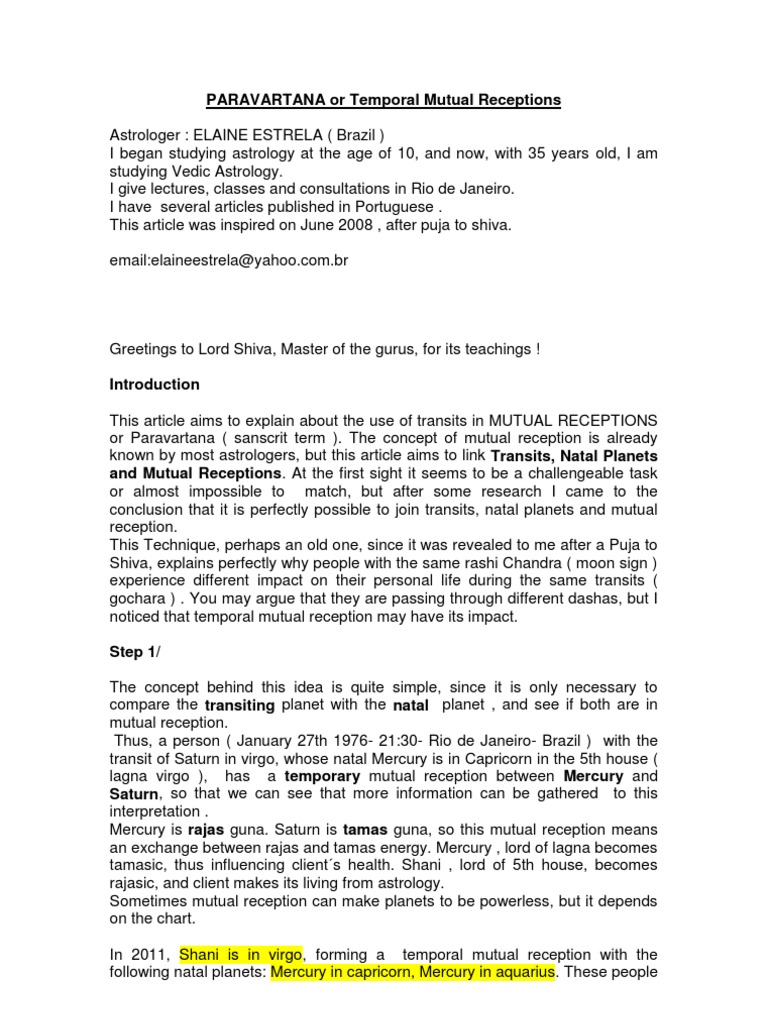 PARAVARTANA or Mutual Receptions | PDF | Planets In Astrology | Hindu ...