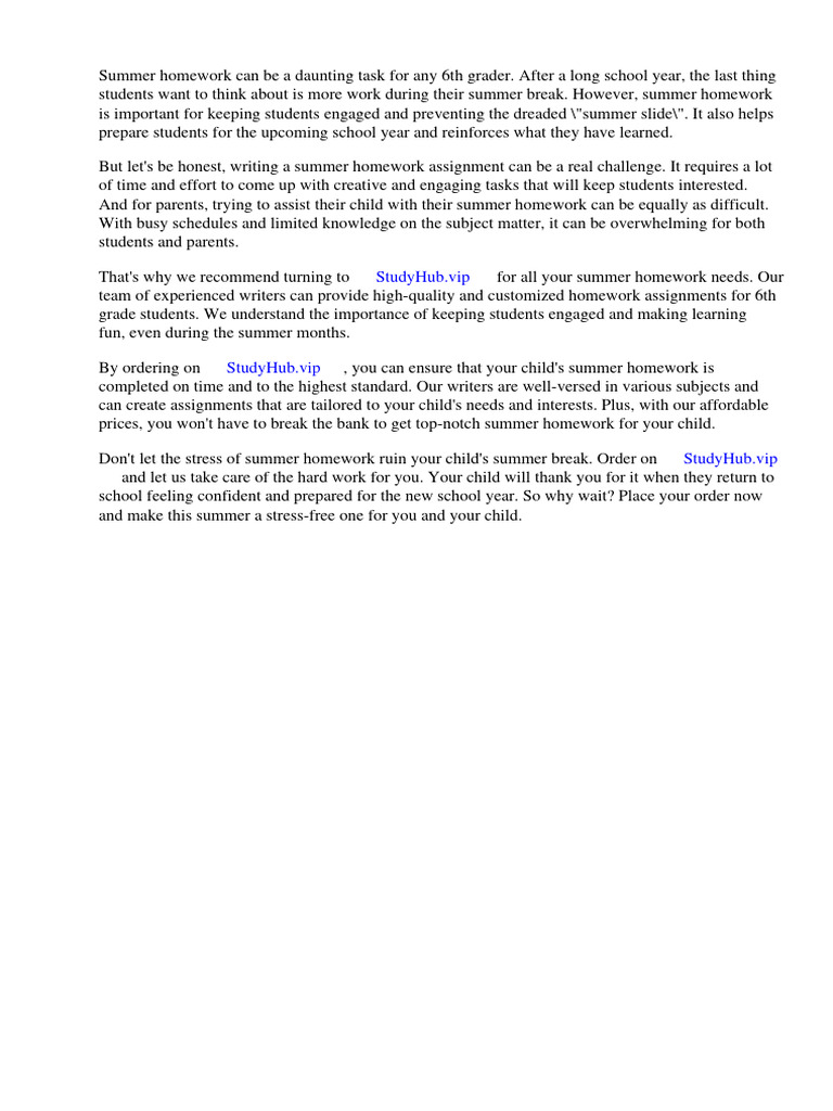 Summer Homework 6th Grade | PDF | Homework | Worksheet