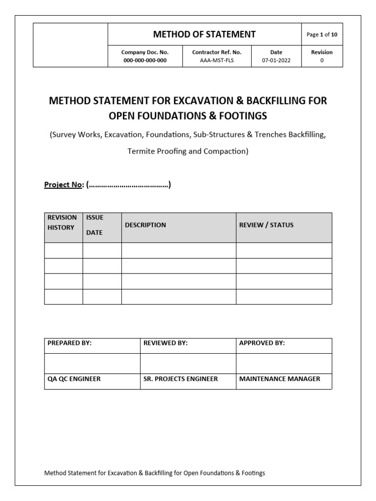 Method Statement For Excavation & Backfilling For Open Foundations ...