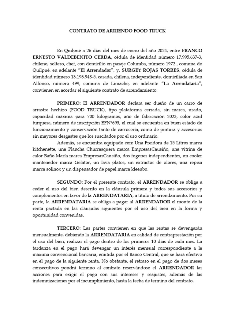 Contrato de Arriendo Food Truck | PDF | Derecho civil (sistema legal ...