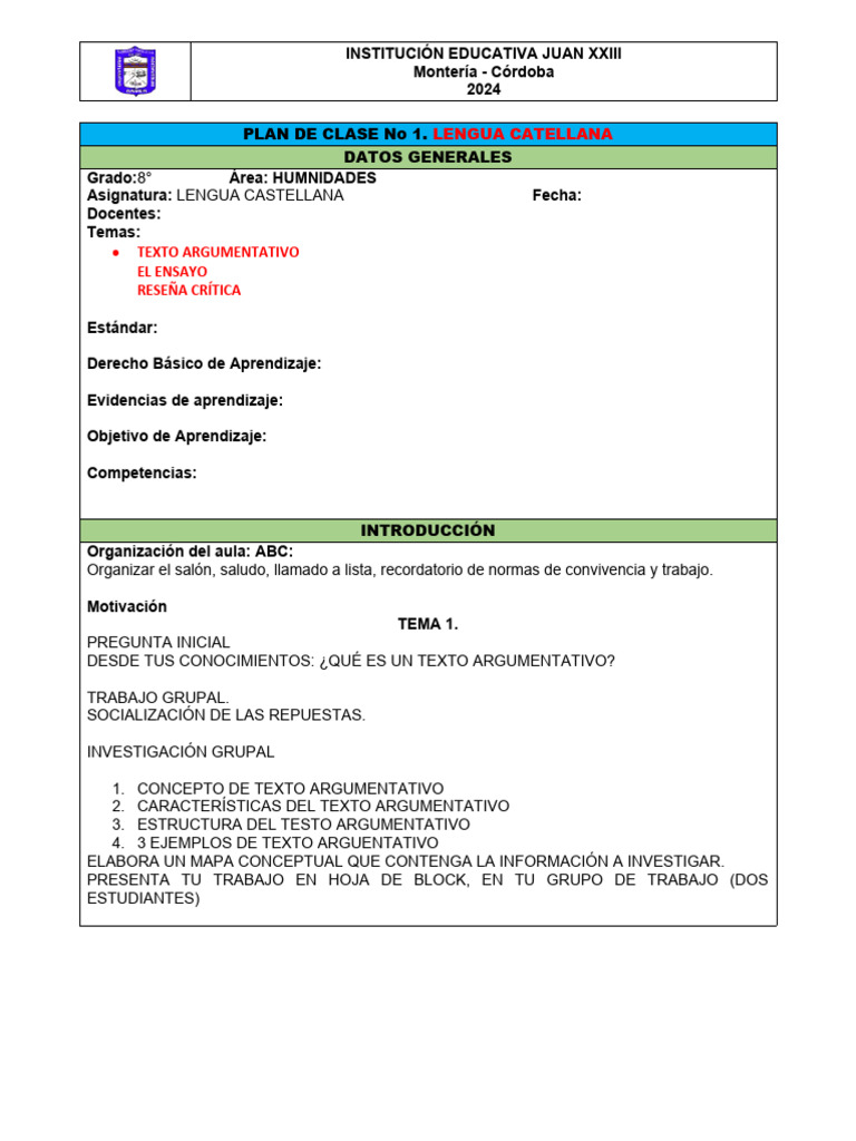 Formato Plan de Clase, 2024. LENGUA TEMA 1 | PDF | Aprendizaje | Maestros