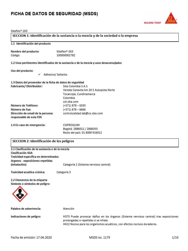 FDS Sikaflex-263 | PDF | Contaminación | Residuos