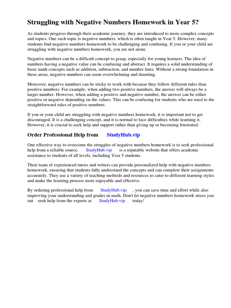 Negative Numbers Homework Year 5 | PDF