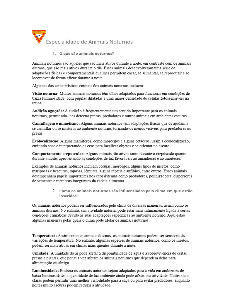 Especialidade dos Animais Noturnos | PDF | Morcego | Coruja