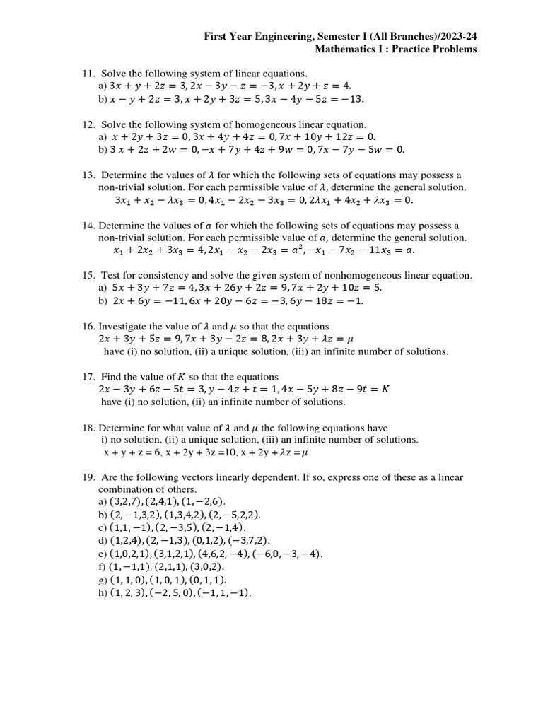 Mathematics-I, SEM-I PRACTICE QUESTIONS ON ALL MODULES-3-4 | PDF ...