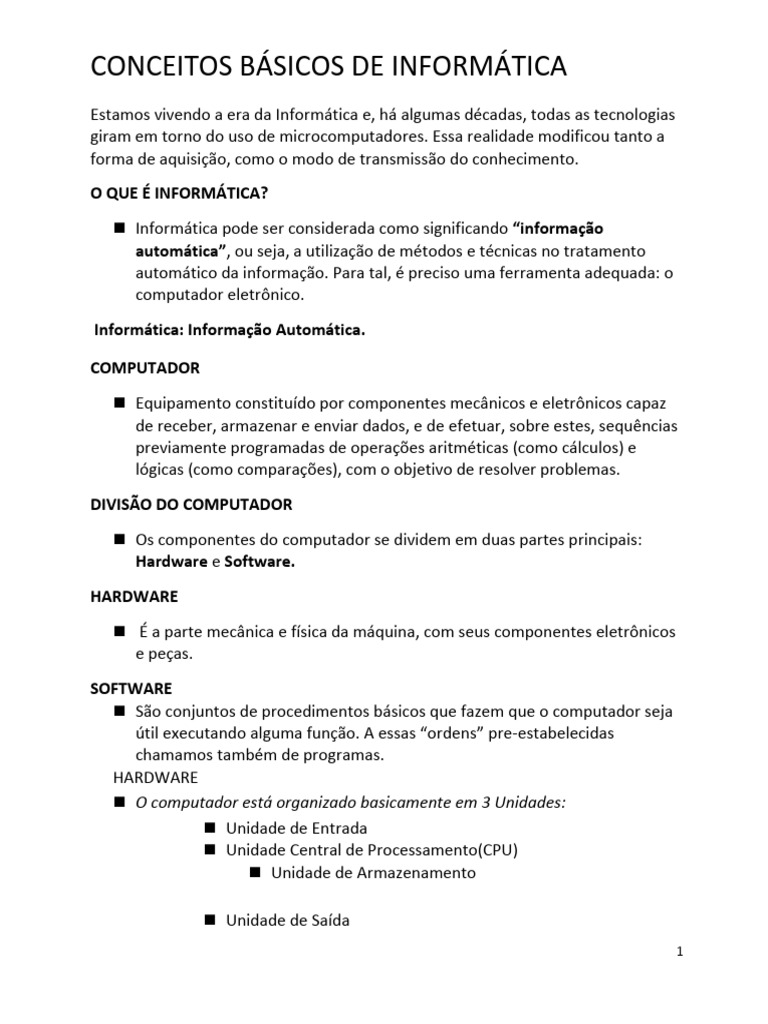 Conceitos Básicos de Informática | PDF | Hardware de computador | Armazenamento de dados de ...