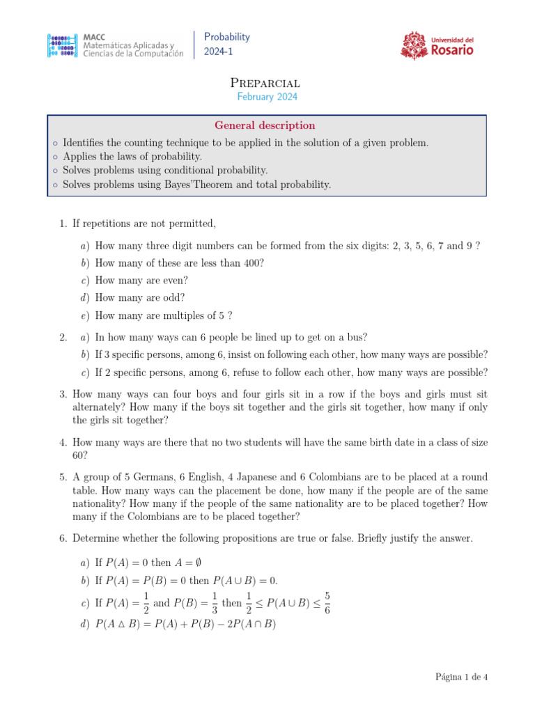 C1 Preparcial Proba 2024 1 Ingles | PDF | Probability | Mathematics