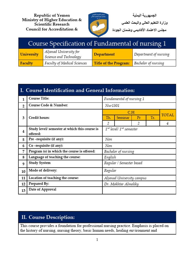 Fundamental of Nursing Course Syllabus | PDF | Nursing | Learning