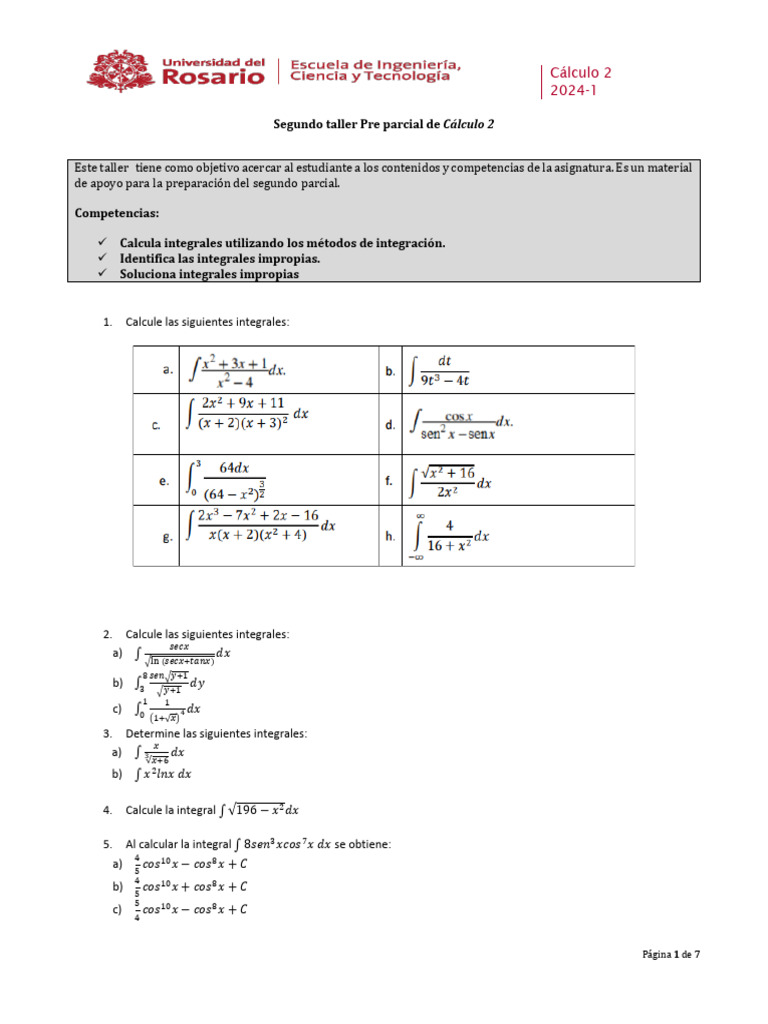 Segundo Taller Preparcial Calculo 2 - 2024-1 | PDF | Integral | Relaciones matematicas