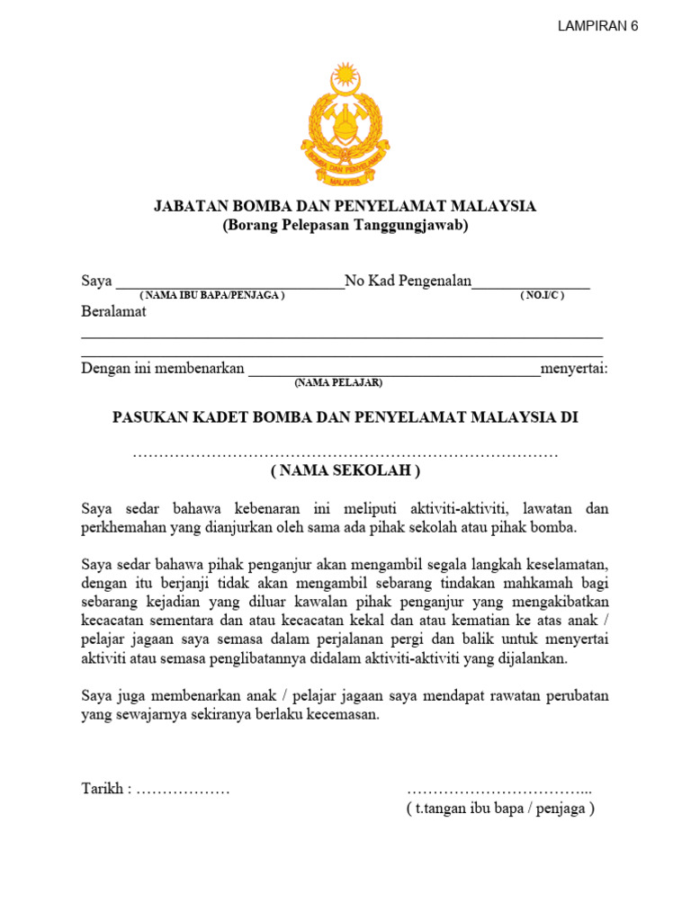 (No 5) Borang Pelepasan Tanggungjwb Kadet Bomba | PDF