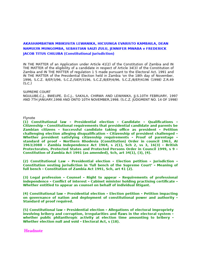Lewanika Others V Frederick Jacob Titus Chiluba (Constitutional ...