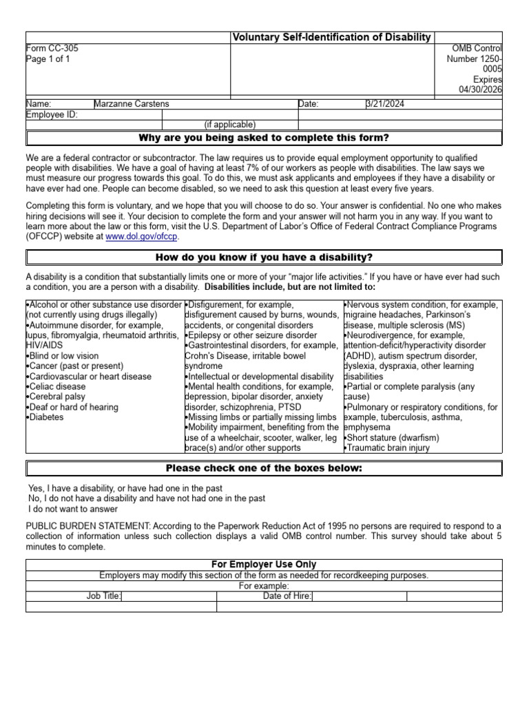 Voluntary Self Identification of Disability Template | PDF | Disability ...